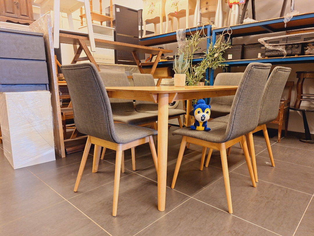 Modern Scandi Light Veneer Wooden 6-seater Dining Table w/ 6 Washed ...