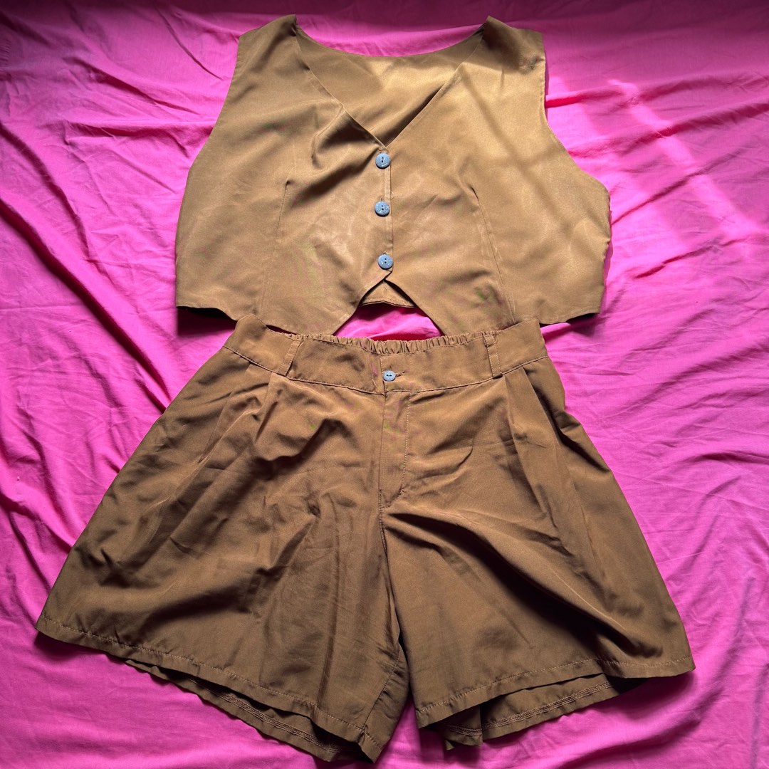 PLUS SIZE brown vest and shorts coords, Women's Fashion, Dresses & Sets ...