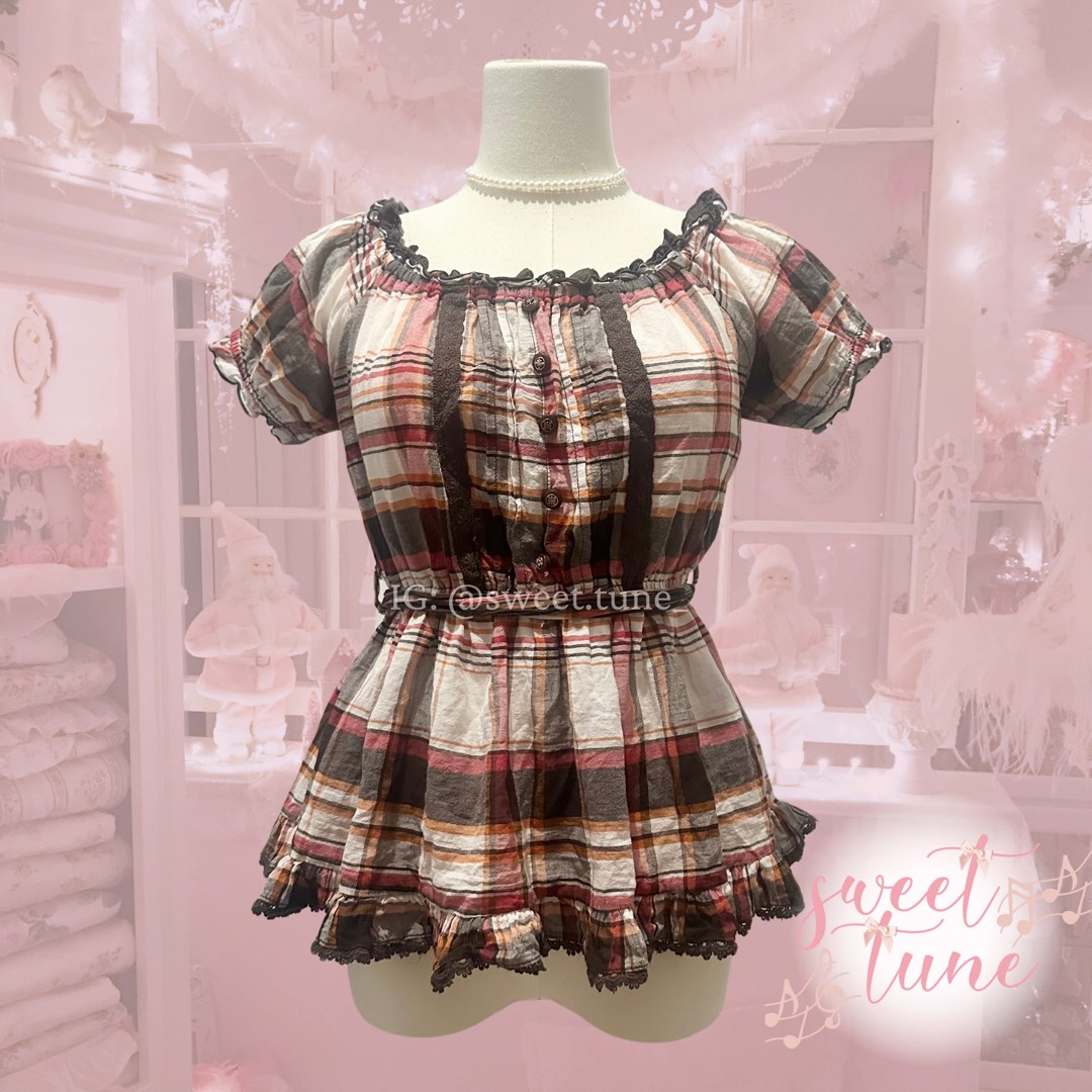 RARE LIZ LISA neapolitan brown plaid puff sleeves peplum blouse ...