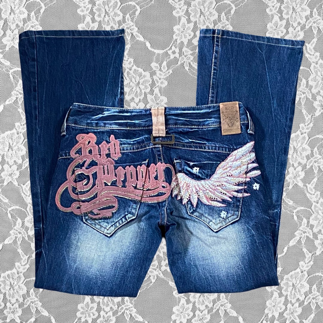 Y2K/VINTAGE 2000s Red Pepper Embroidered Rhinestone Low Rise Bootcut Jeans | Not Issey Miyake ...