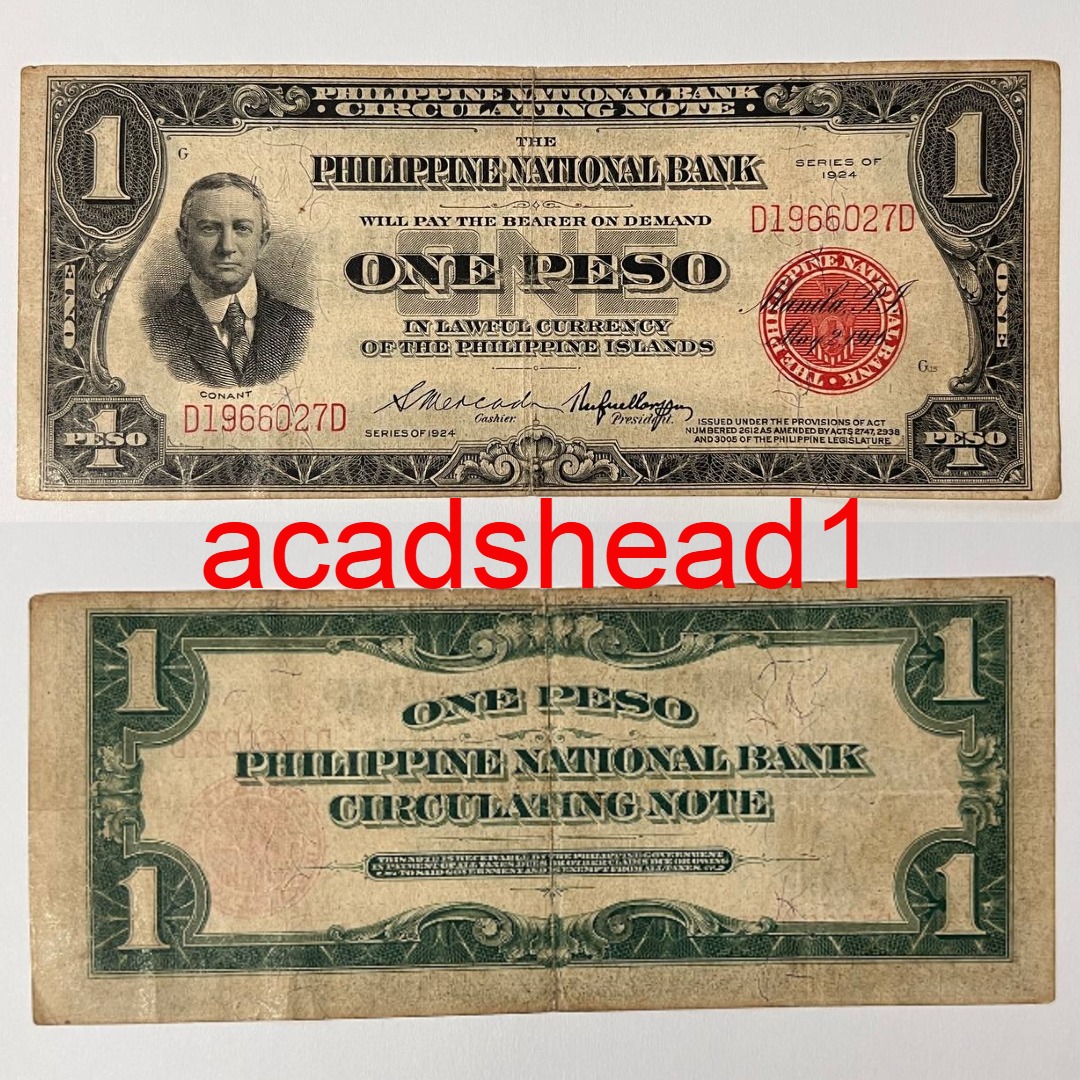 RARE 1 peso 1924 Conant Philippine National Bank PNB Banknote VF old ...