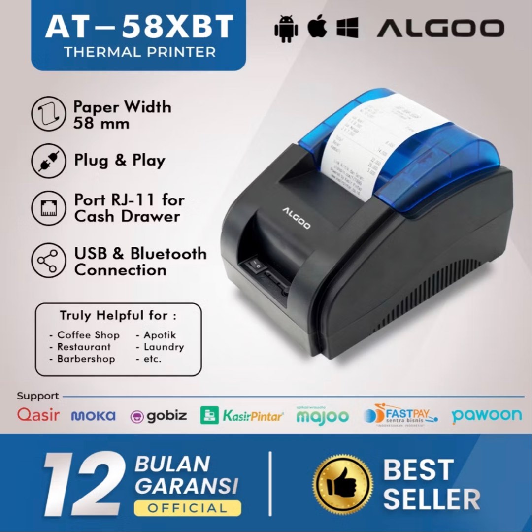 ALGOO AT-58X Printer Thermal Cetak Struk Kasir Bluetooth USB 58mm ...