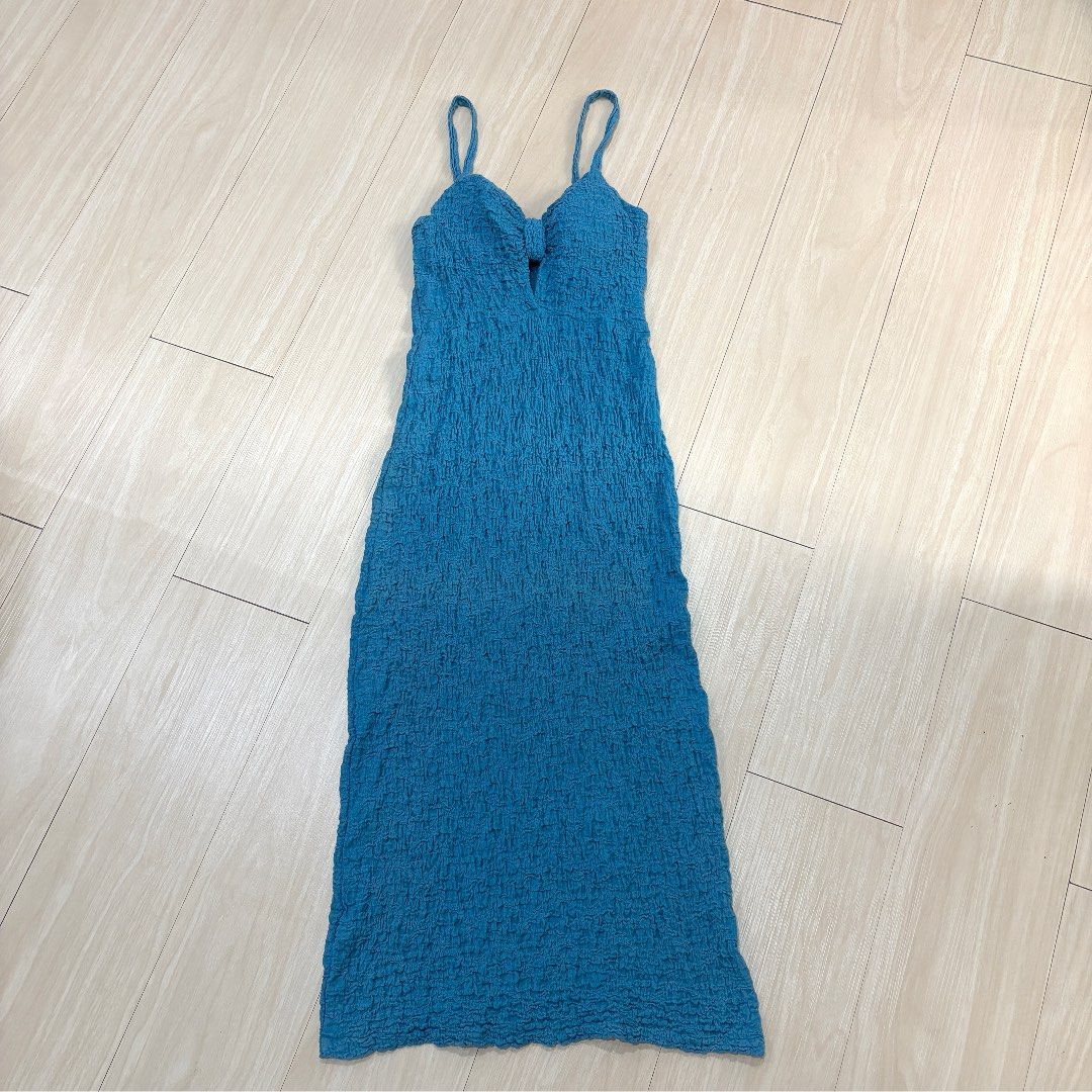 Blue Rubber Stretch Texture One Strap Bodycon Midi Dress Beach Wear ...