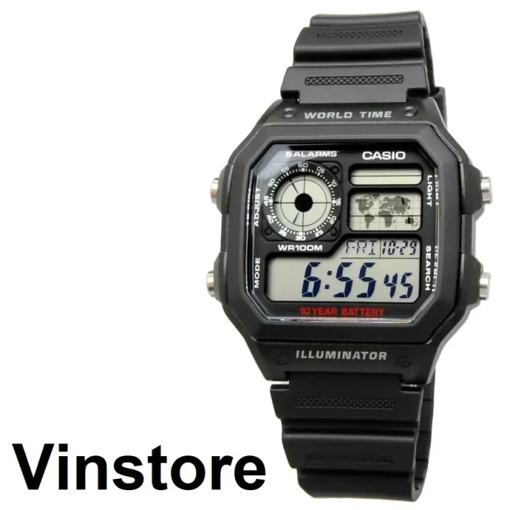 Casio AE-1200 World Time Illuminator Black Digital Sports Men Watch AE-1200WH-1AVDF AE-1200WH-1A ...