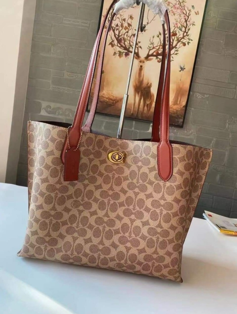 Coach C0693 Willow Tote Bag in Tan Signature Coated Canvas and Rust ...