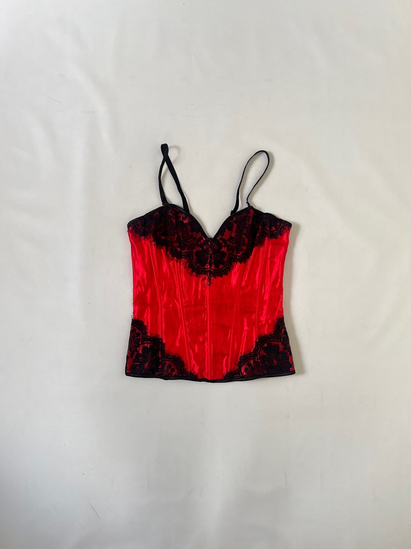 doras secret gothic laced cherry red silk boned corset top M on tag L15 ...