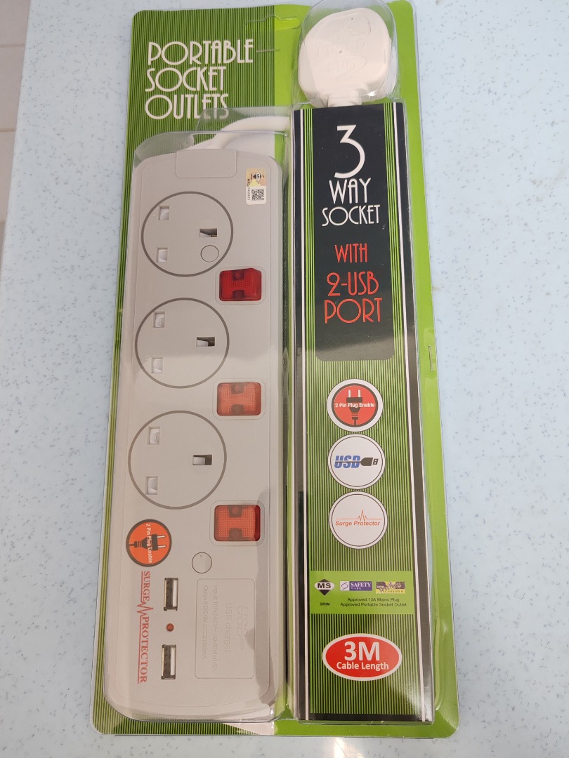 Electric 3-way socket extension with 2-USB port, TV & Home Appliances ...