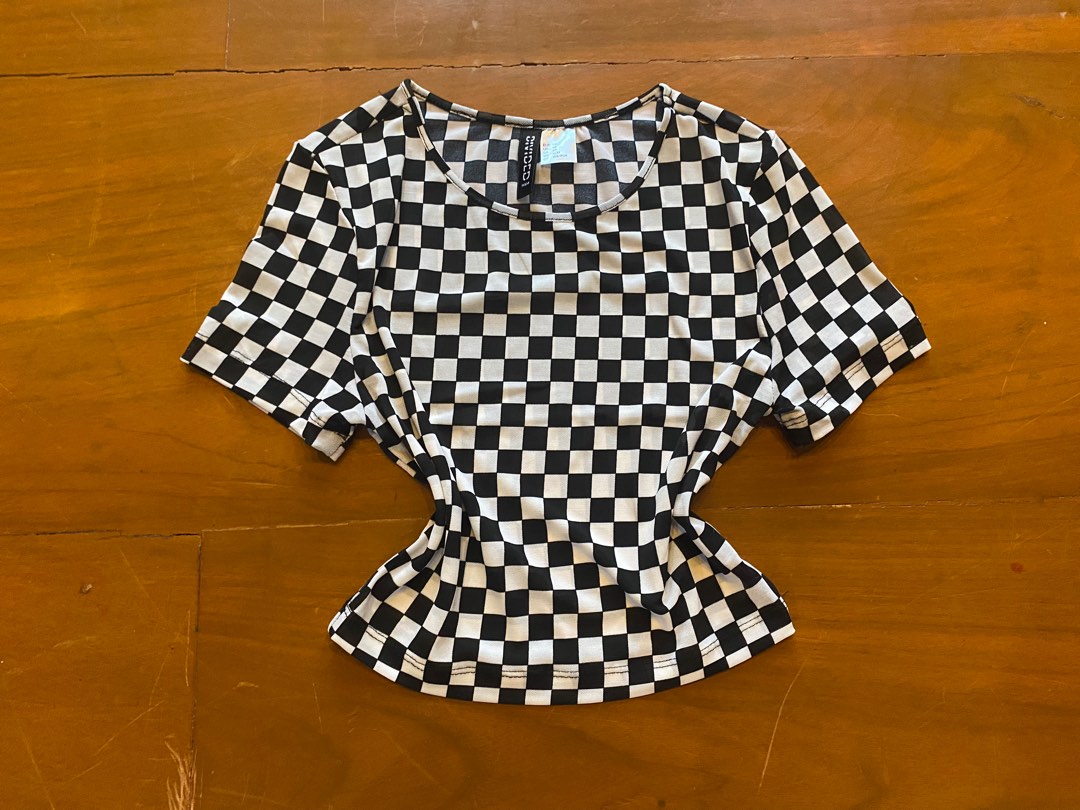 H&M Black & White Checkered Mesh Top, Women's Fashion, Tops, Others ...