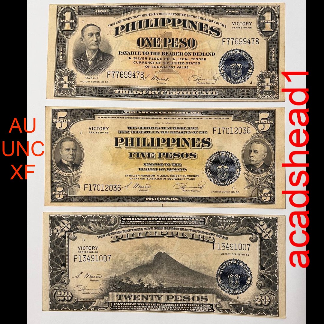 [LOT OF 3] 1 5 20 peso Victory Notes 1944 High Grade Philippines ...