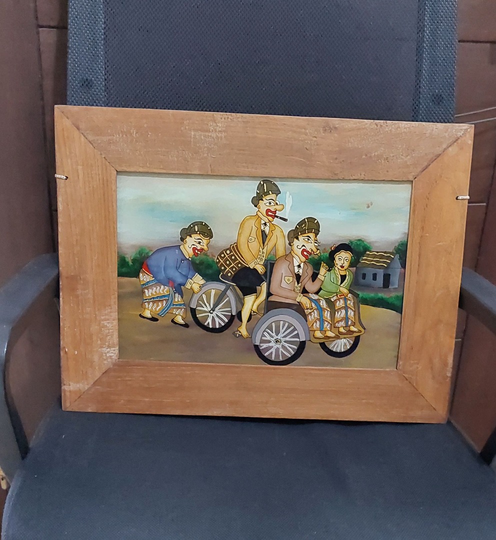 lukisan kaca vintage naik becak bingkai kayu jati, Antik, Pajangan di ...
