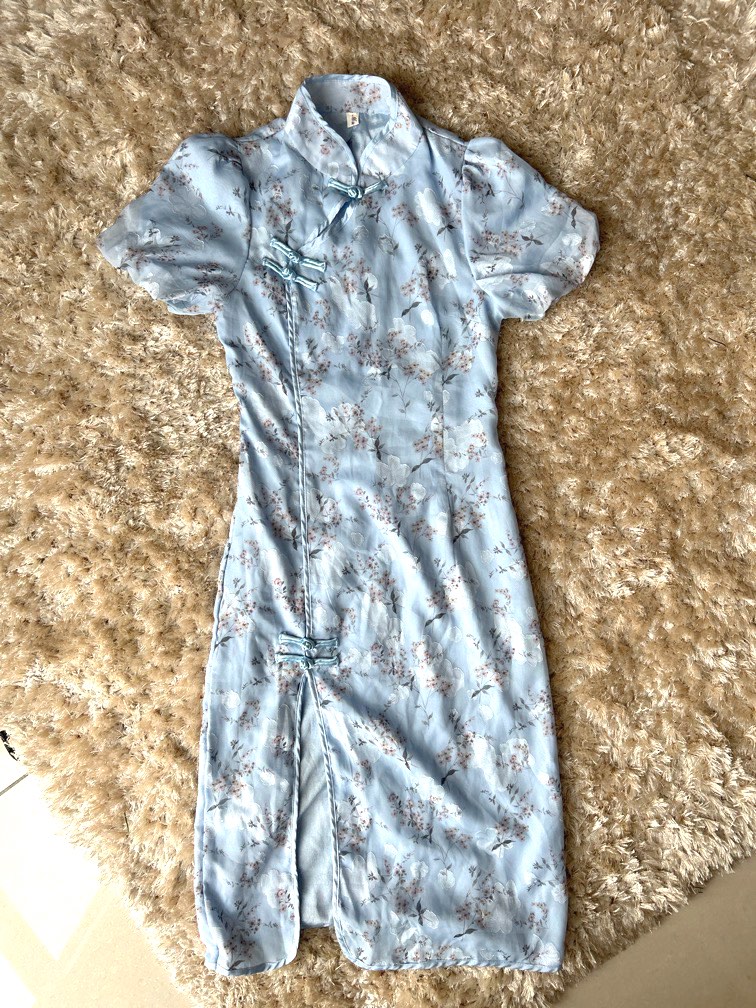 Pastel Baby Blue Sheer Cheongsam, Women's Fashion, Dresses & Sets ...