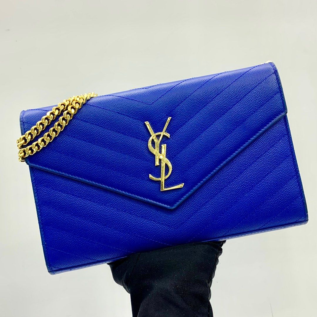 YSL 377828 CASSANDRA ENVELOPE BLUE W/O CARD CHAIN WALLET 247070191 ...