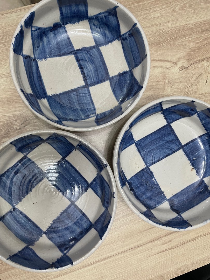 Stoneware Cobalt Blue Checkered Serving Plates Set of 3, Furniture ...