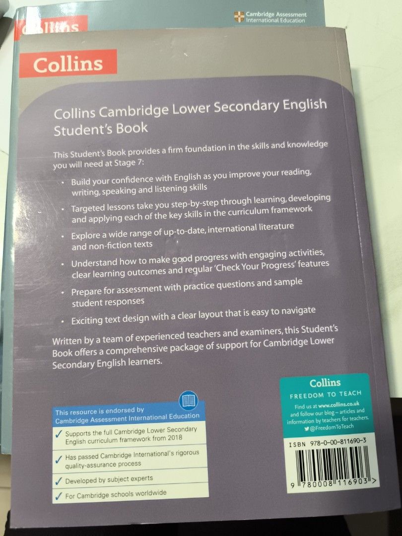 Cambridge lower secondary English stage 7 student book ISBN: 978-0-00-811690-3, Hobbies & Toys ...