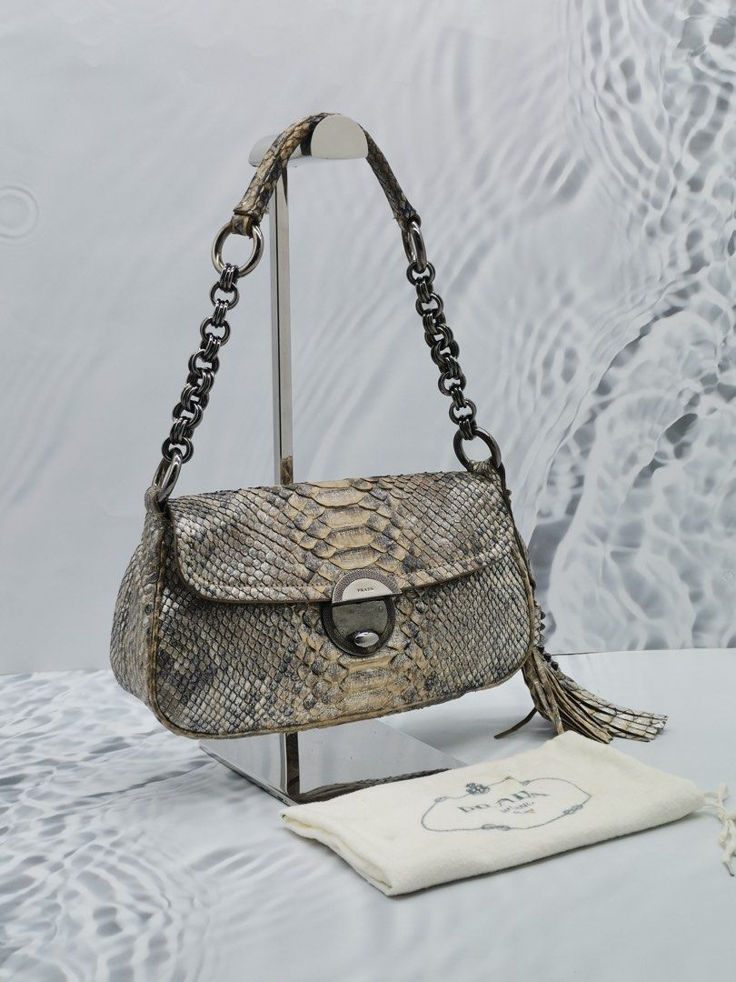 PRADA PYTHON LEATHER SHOULDER BAG IN GREY / BEIGE, Luxury, Bags ...
