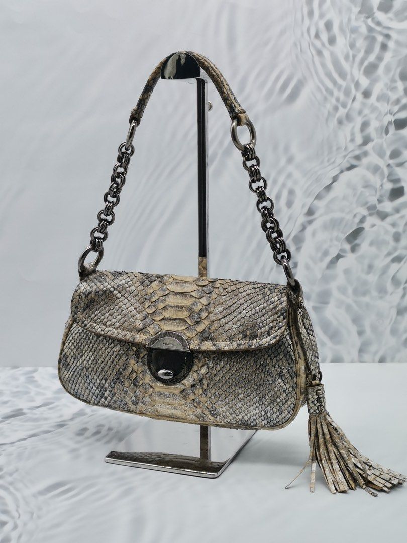 PRADA PYTHON LEATHER SHOULDER BAG IN GREY / BEIGE, Luxury, Bags ...