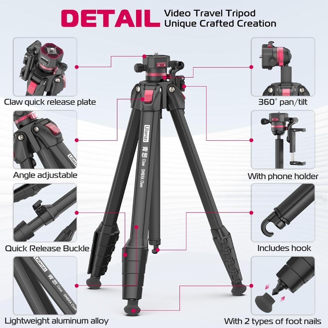 ULANZI TT07 Ombra Lightweight Travel Tripod, 59" Professional 5 Section Aluminum Camera Tripod ...