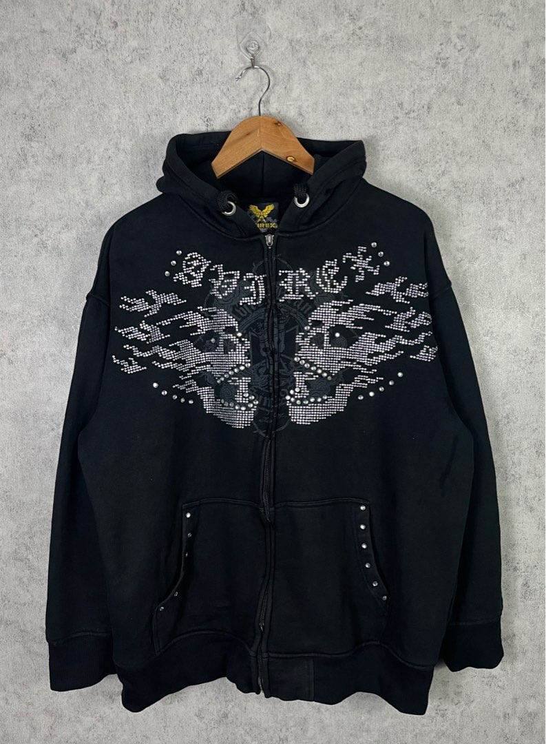 90s AVIREX Flame Head Skull Studded Goth Punk Hoodie, Men's Fashion ...
