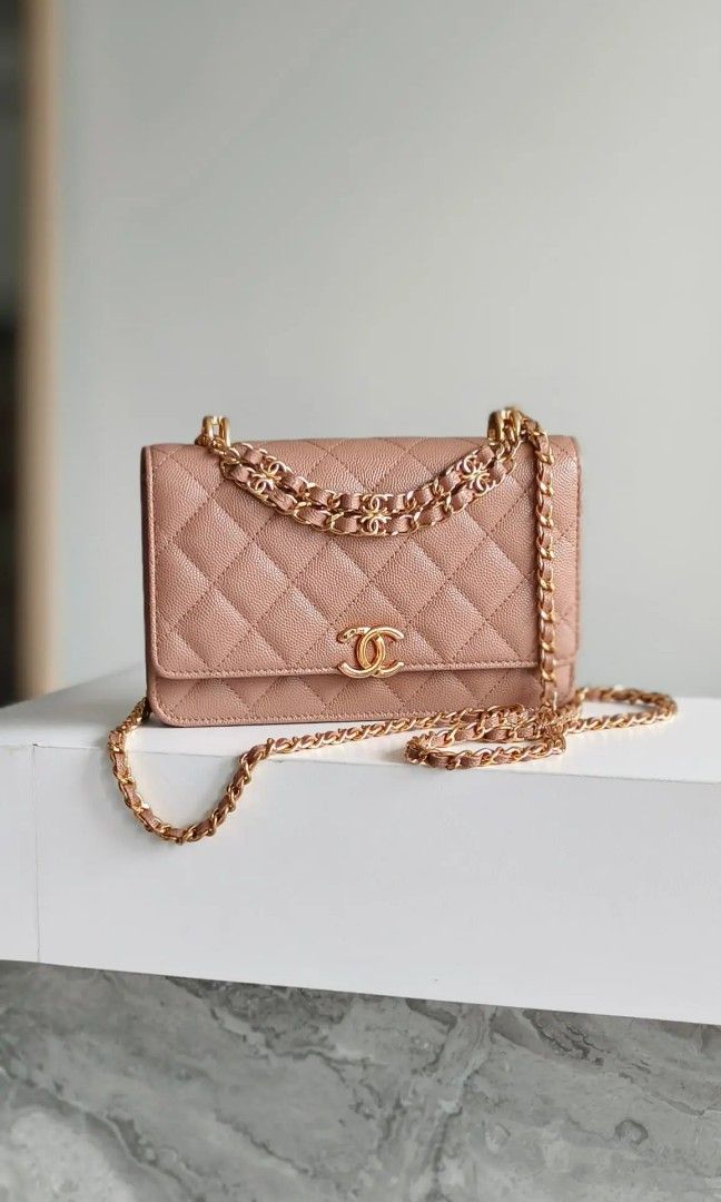 Authentic Coco First Wallet On Chain Beige Caviar Gold Hardware Metal ...