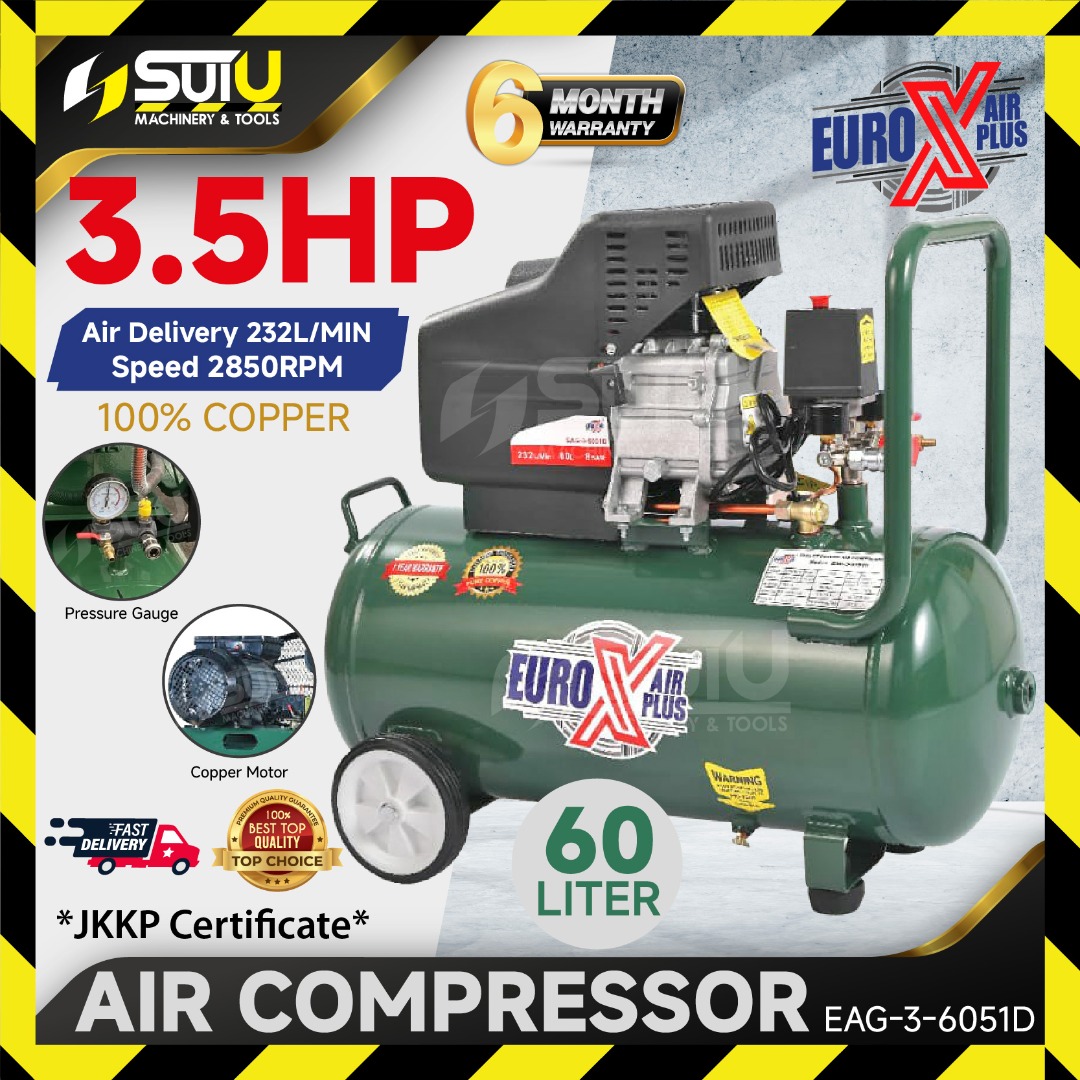 [COMPRESSOR ONLY] EUROX AIR PLUS EAG-3-6051D / EAG36051D 60L 3.5HP Air Compressor / Kompressor ...