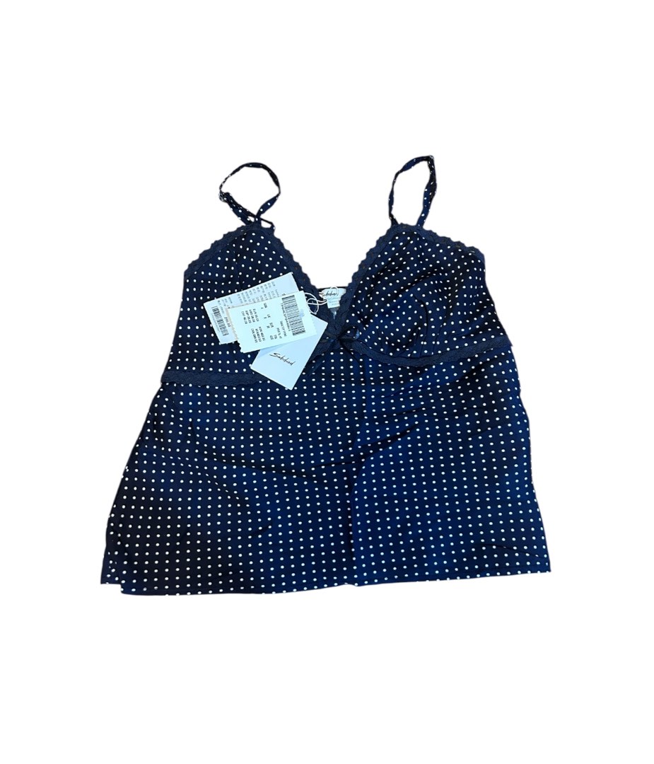 ️ONHAND ️Subdued Blue Polka Dot Bow Silk V Neck Tank Crop Top, Women's ...