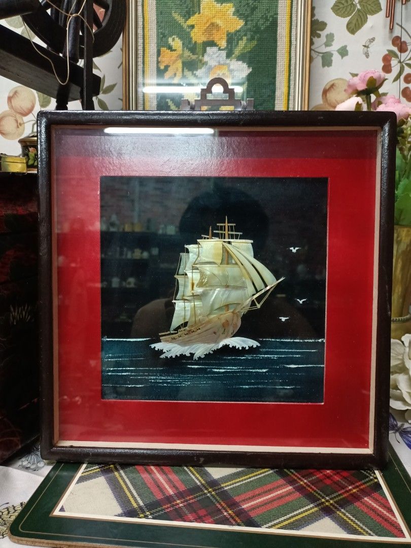 VINTAGE art DETAILED 3D SAIL BOAT CHINESE MOTHER OF PEARL ART WORK 1950s wood frame 12x12inch ...