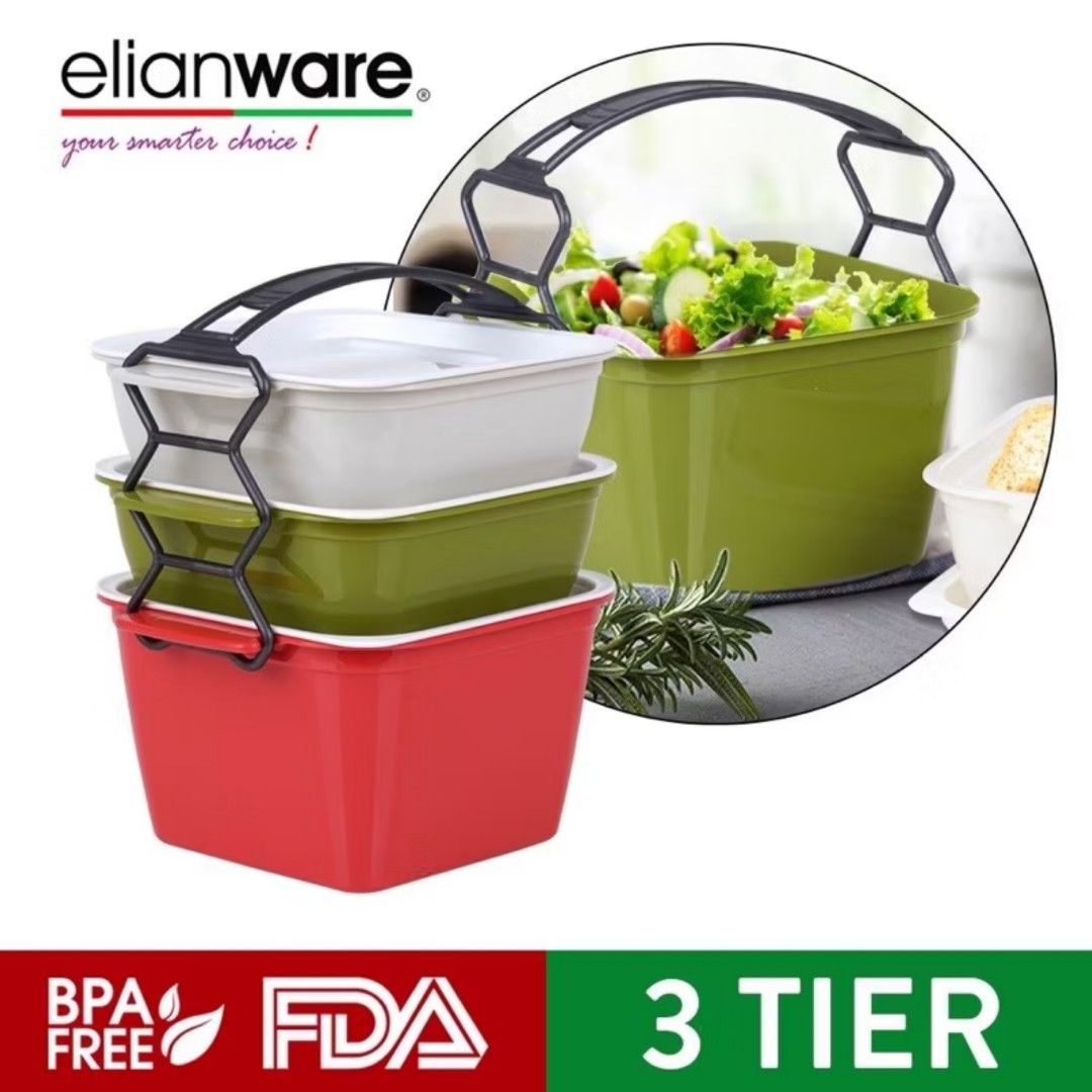 Elianware Microwavable BPA Free Square 3 tier Tiffin Food Carrier Lunch ...