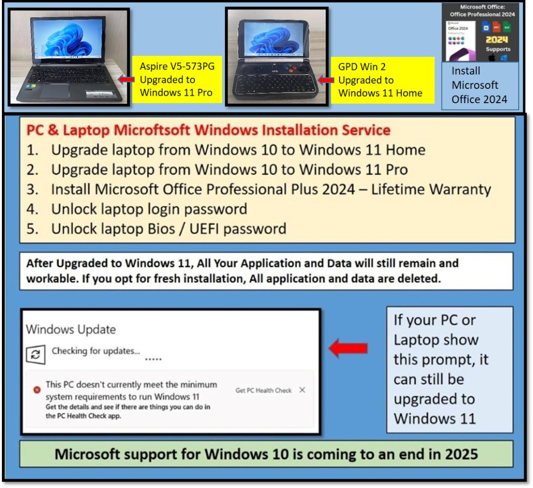 Upgrade Laptop Windows 10 to Windows 11, Install Microsoft Office, Unlock login/Bios Password ...