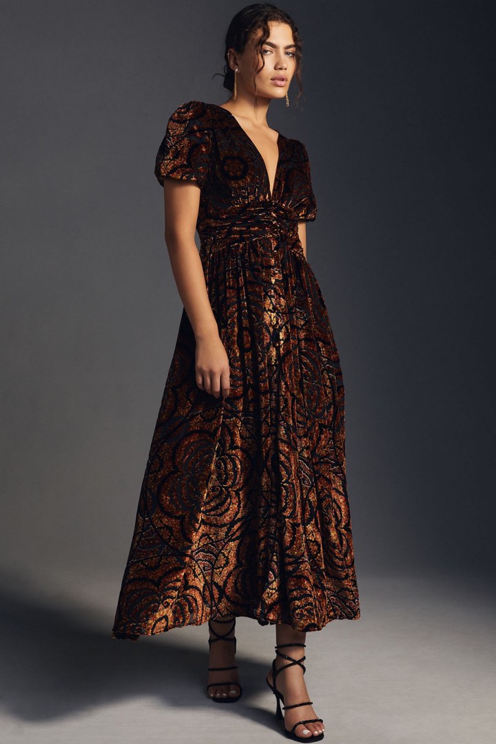Anthropologie Velvet Mesh Catalina Button-Front Midi/Maxi Dress, Women ...