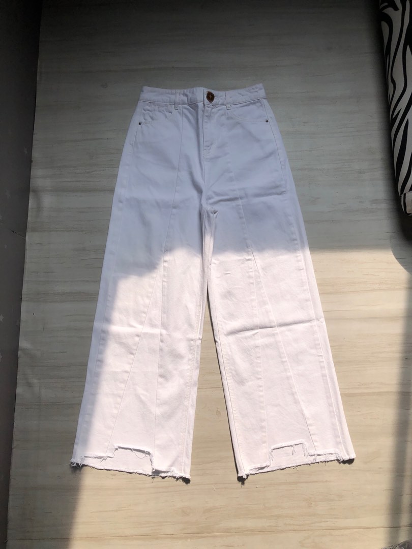 Baggy White Tattered Hem Pants, Women's Fashion, Bottoms, Other Bottoms ...