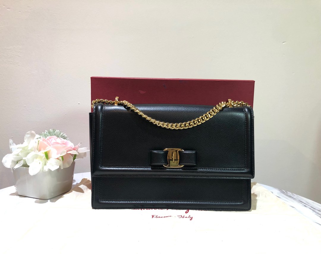 Ferraagamo Ginny Black Pebble Calfskin Crossbody Bag, Luxury, Bags ...