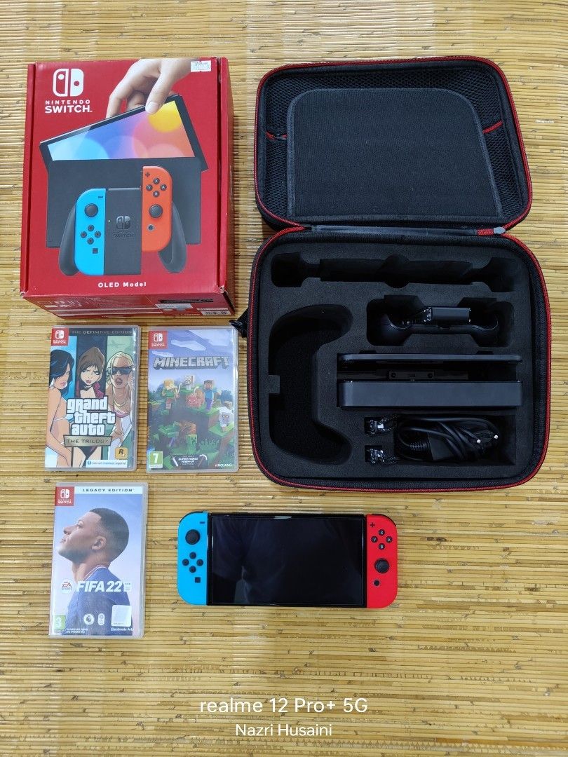 Nintendo Switch Oled Neon Fullset + 3 Game With Travel Bag, Video ...