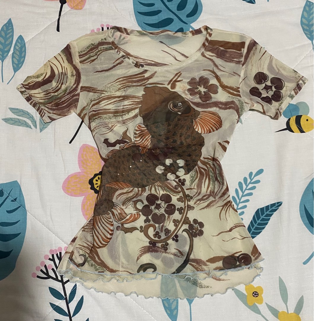 y2k earthy tones mesh top, Women's Fashion, Tops, Blouses on Carousell