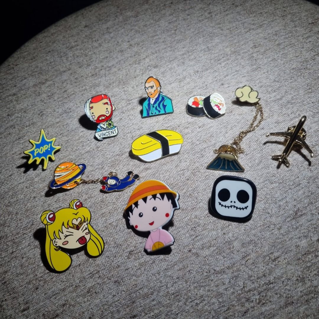 Assorted Pins - Van Gogh, Sailr Moon, Chibi Maruko Chan, Fuji, etc ...