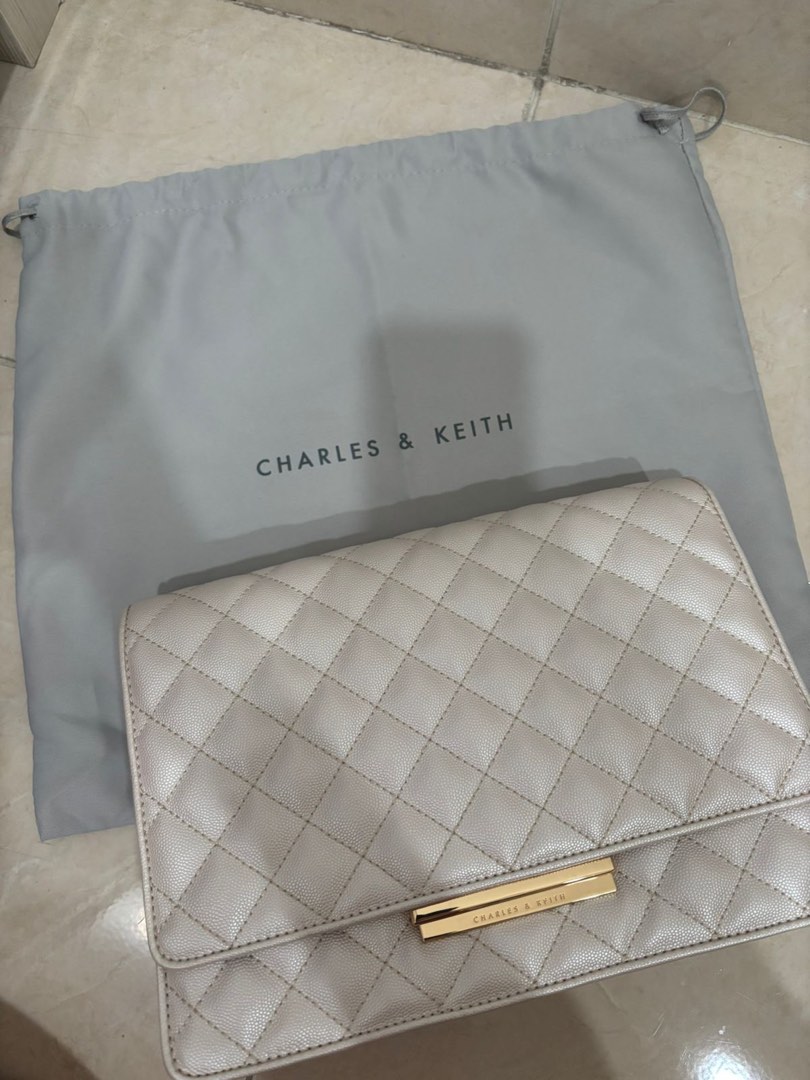 Charles & Keith CK push lock quilted crossbody bag pearl white original ...
