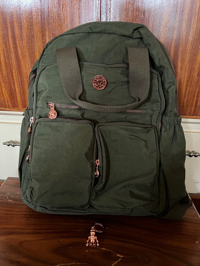 KIPLING BACKPACK WITH GOLD MONKEY CHARM OLIVE GREEN, Women's Fashion ...