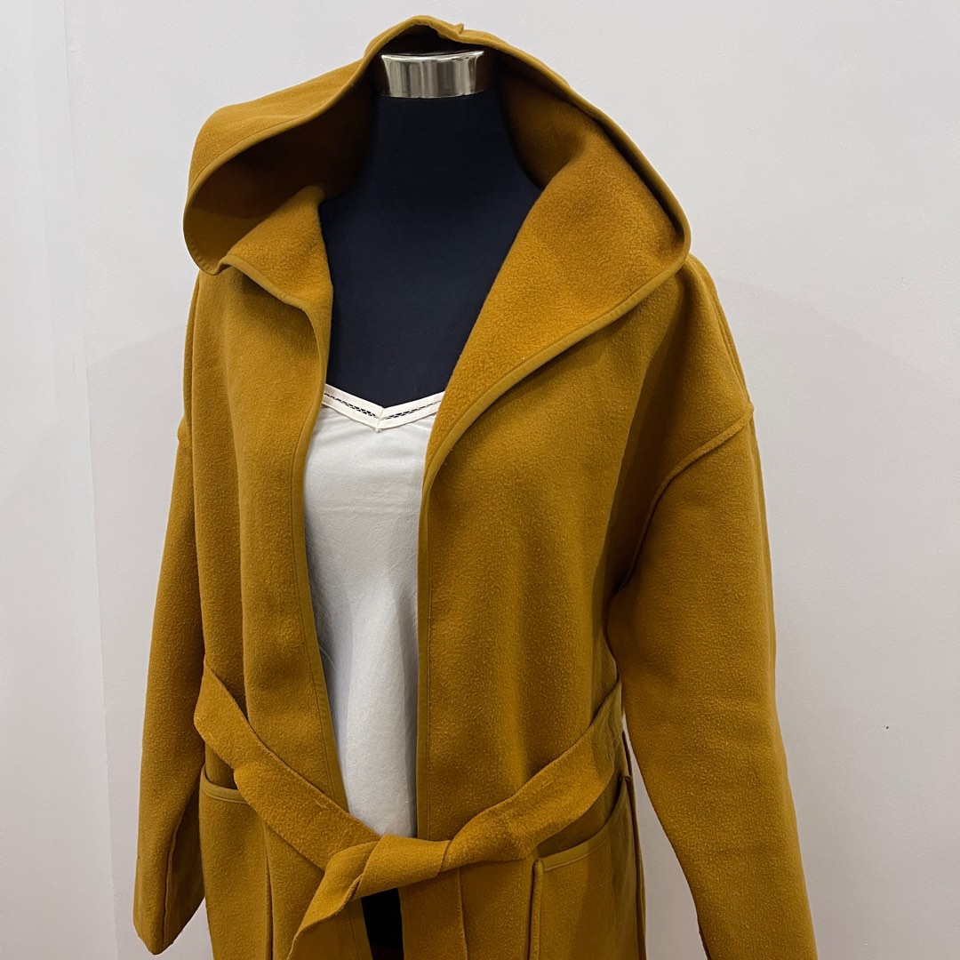 Mustard Yellow Wool Winter Fall Spring Coat with hood and belt, Women's ...