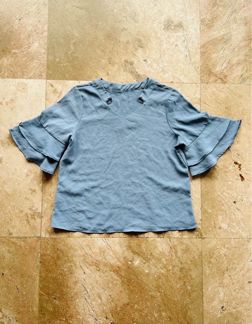 Blue Top, Plain, Bell Sleeve Detail, Women's Fashion, Tops, Blouses on ...