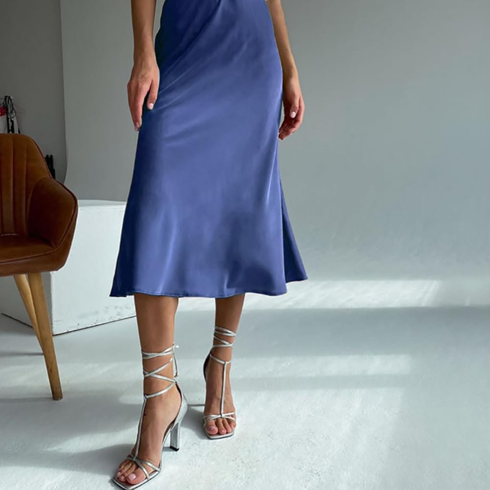 Elegant silk satin maxi dusk blue skirt future dusk color palette color ...