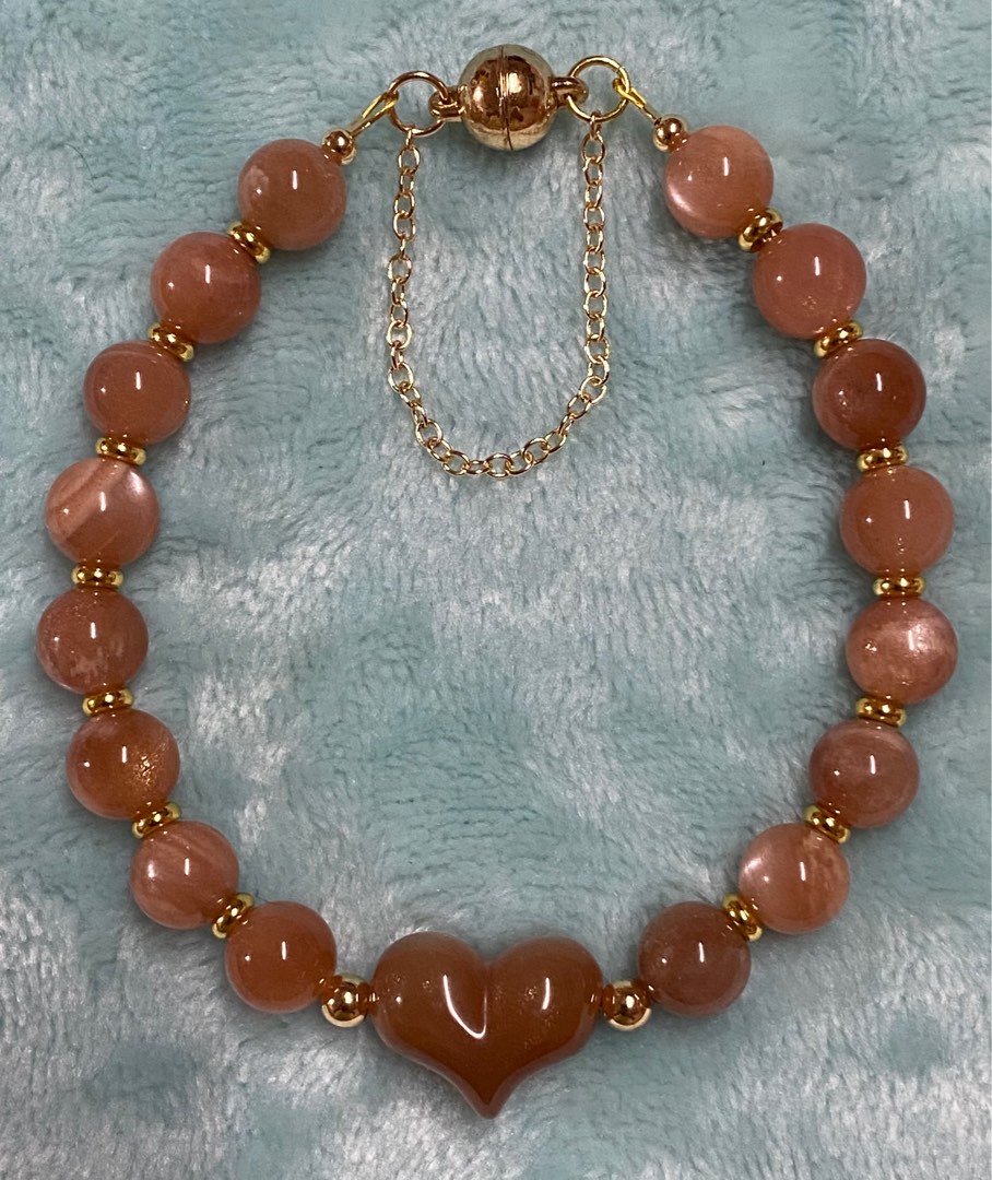 Peach Moonstone with Heart/Double Lotus/9-Tailed Fox Charm, Women's ...