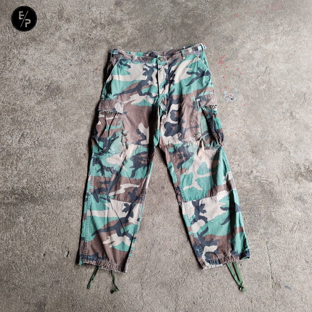 Vintage Military Draw String Distressed Worn Camo Cargo Pants, Men's ...