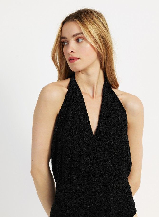 ZAFUL Classic black textured halter deep v cut one piece monokini tummy ...