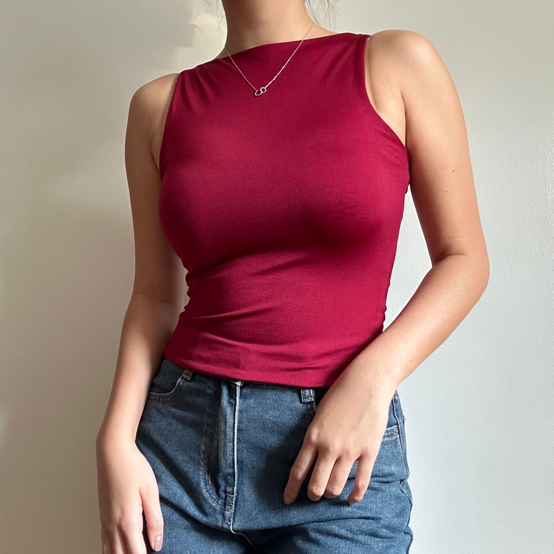 BSCO Maroon Red Boat Neck, Women's Fashion, Tops, Sleeveless on Carousell