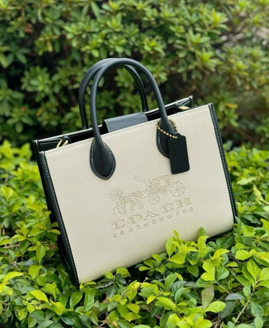 Coach CR682 Ace Tote Bag 26 in Salt Stone Canvas and Black Refined Calf ...