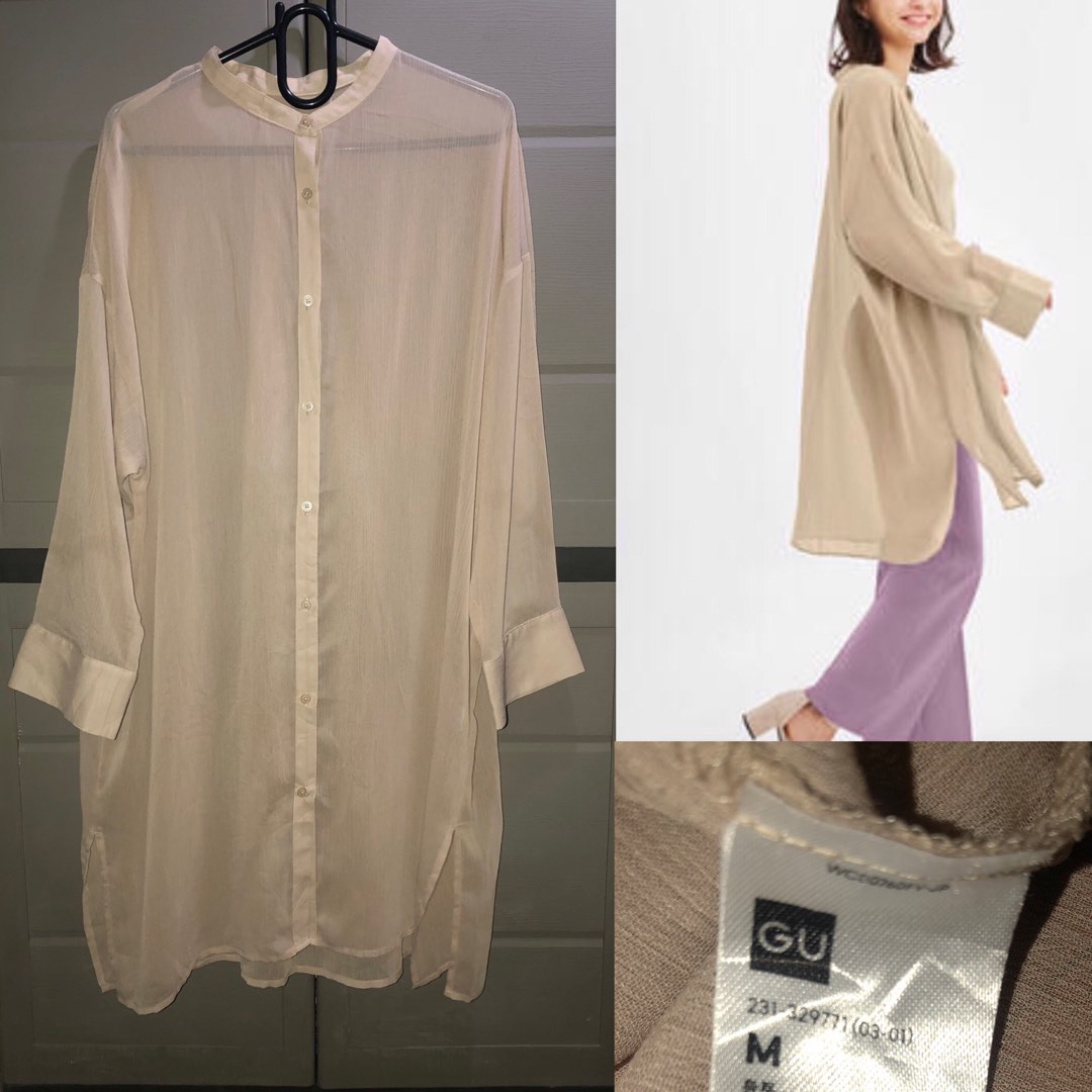 GU Sheer Band Collar Long Shirt ( Long Sleeve), Women's Fashion, Tops ...
