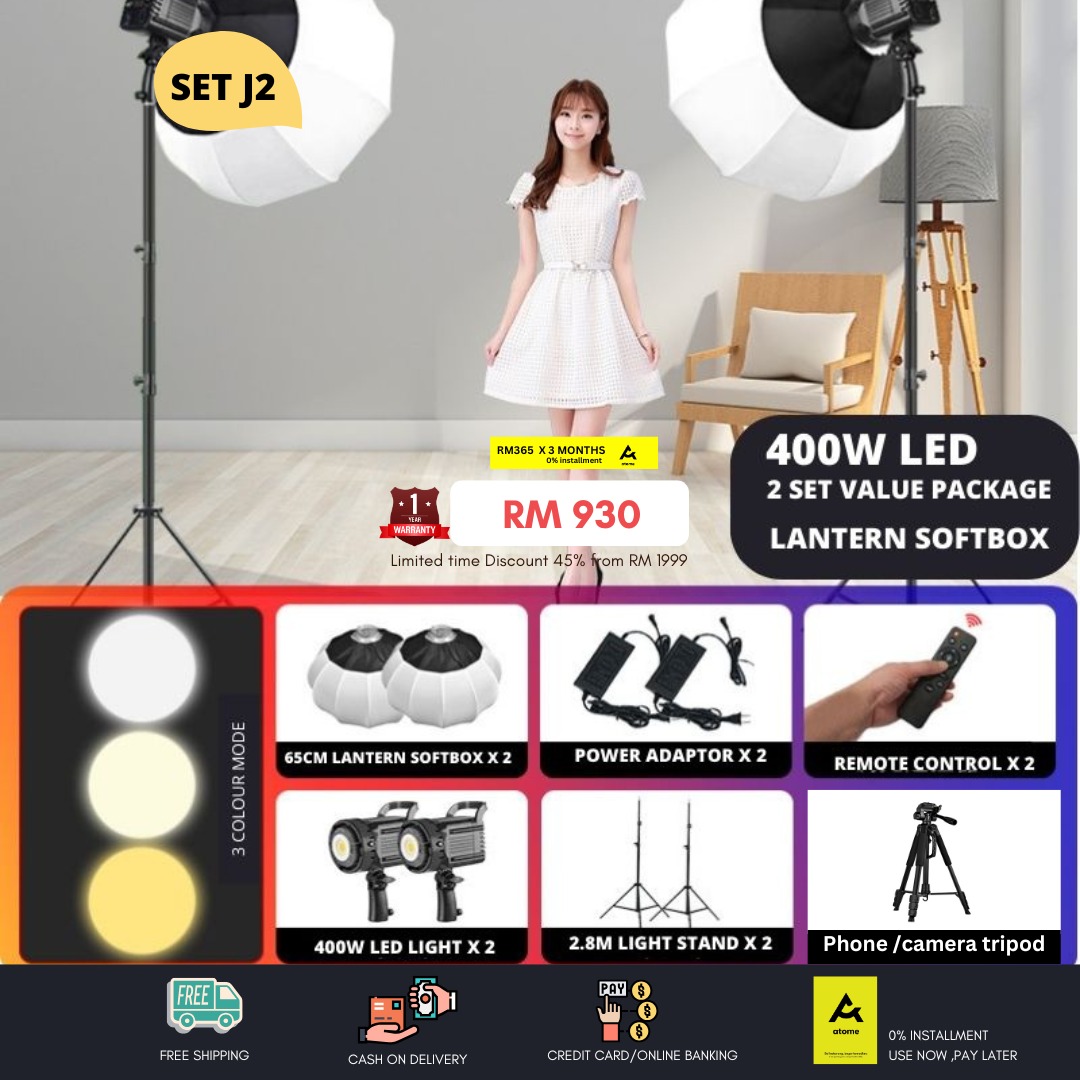 NEW Proocam 400W Studio Video Light Twin Full Sets Lantern Softboxes Light Stands Welcome Klang ...