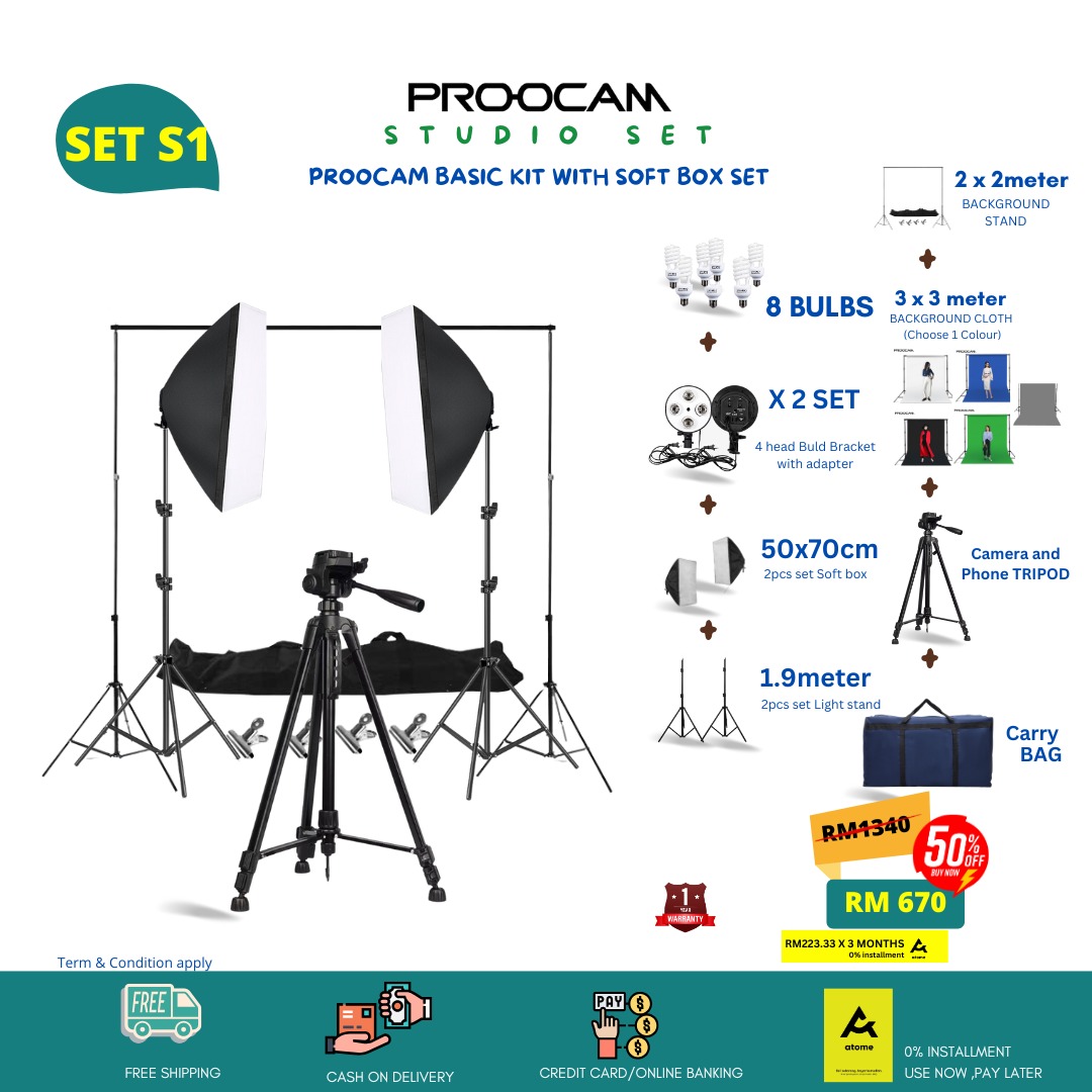 NEW Proocam 50x70cm Basic Lighting Kit Full Set with Bulbs & Backdrop ...