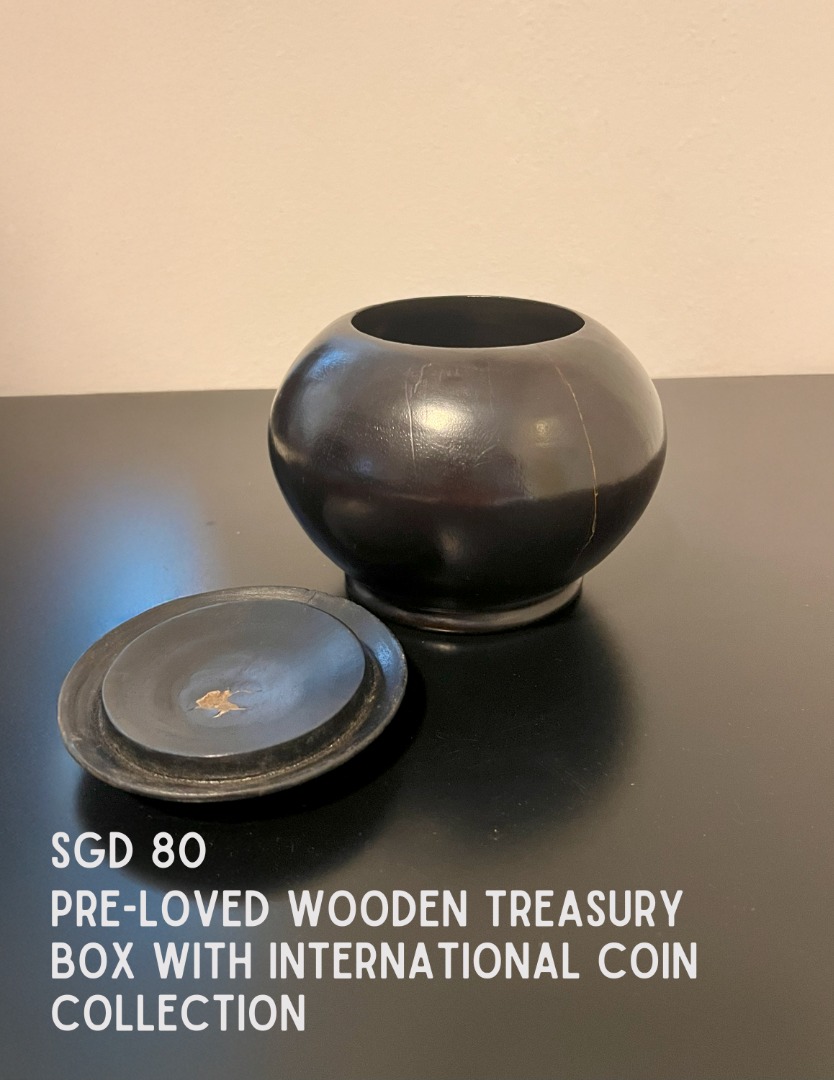 Pre-Loved Wooden Coin Treasury Box with International Coin Collection ...