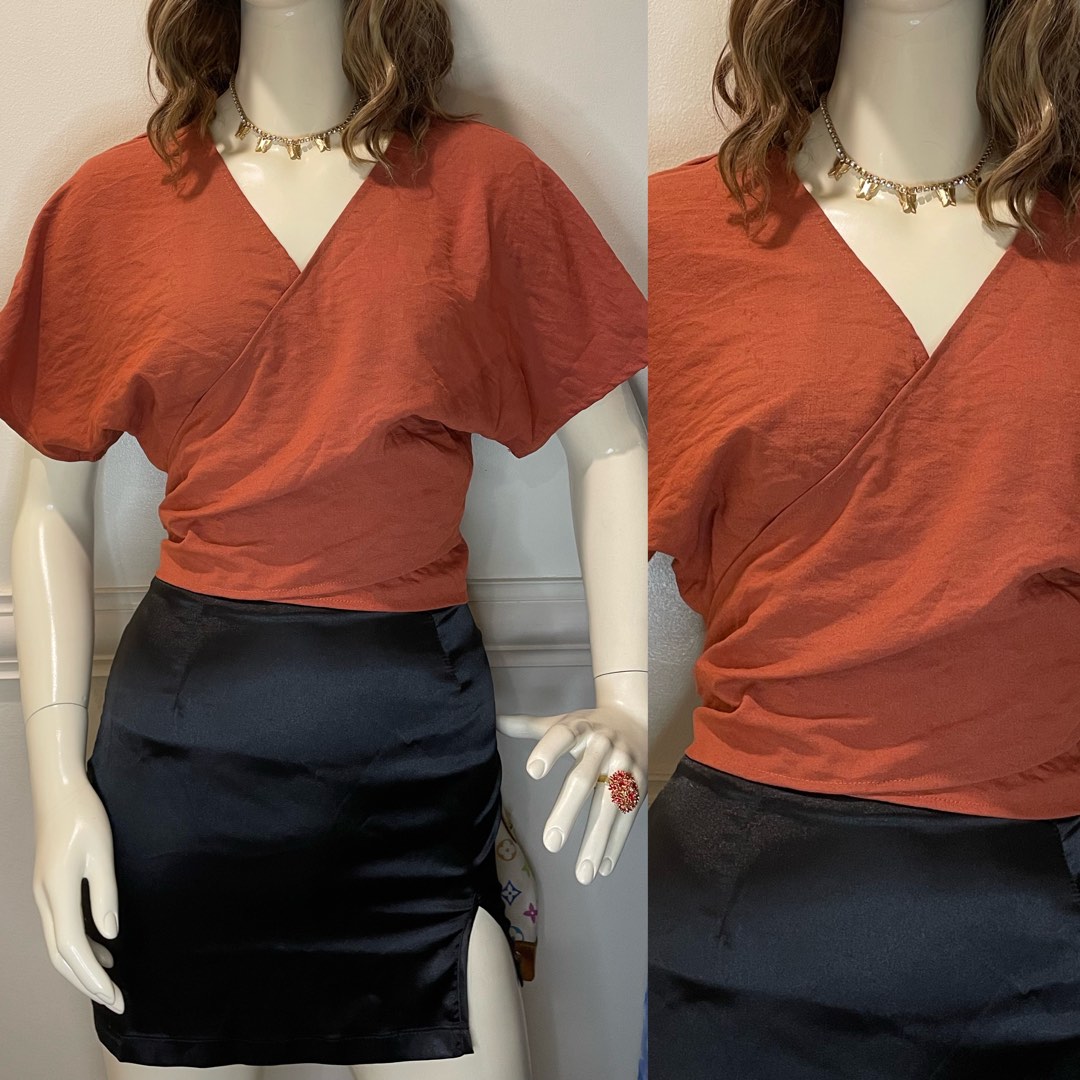 Rust color wrap around top, Women's Fashion, Tops, Blouses on Carousell