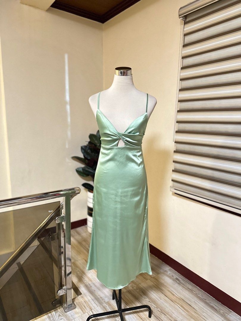 S-XL Cutesy Chest Cut Out Pistachio Green Silk Satin Dress Sage Green ...